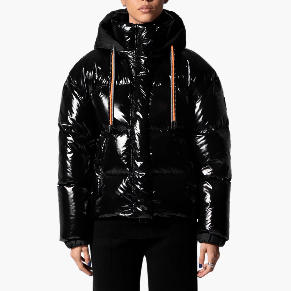 Lili Bright glossy black short puffer jacket | Lesthete